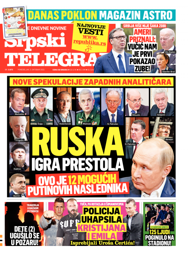 Republika | Naslovna strana Srpskog telegrafa za 03.10.2022.