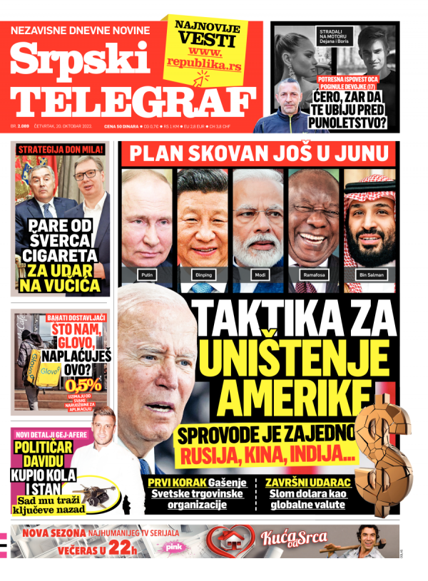 Republika | Naslovna strana Srpskog telegrafa za 19.10.2022.