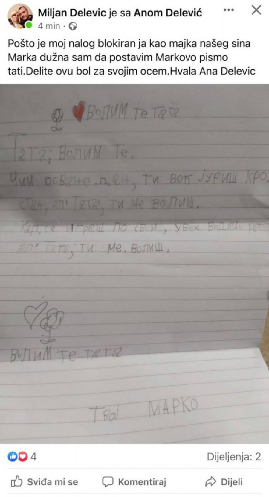 KAD SE IGRAŠ PO SVOM UVEK VODIMO RAT, AL' TATA TI ME VOLIŠ: Potresno ...