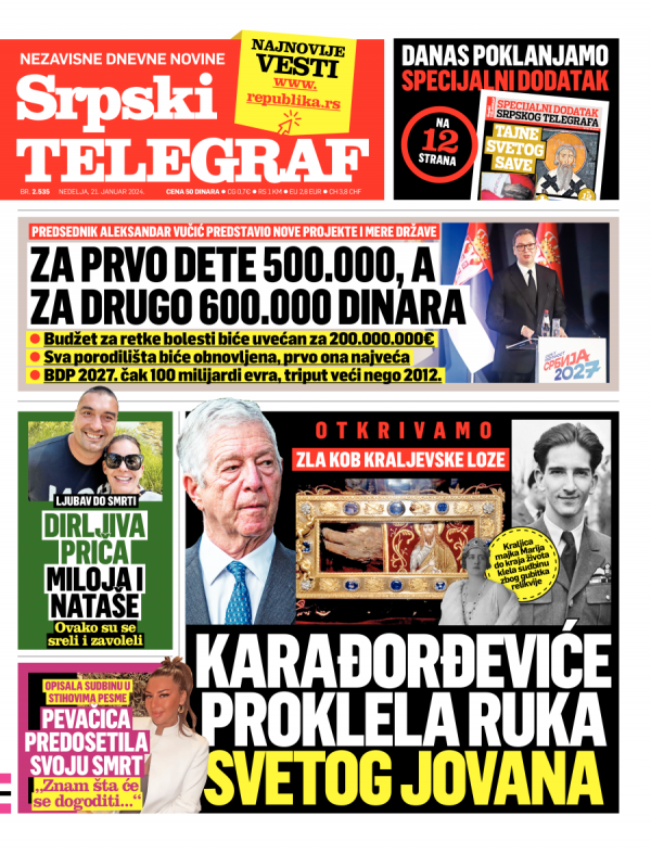 Republika | Naslovna strana Srpskog telegrafa za 21.01.2024.