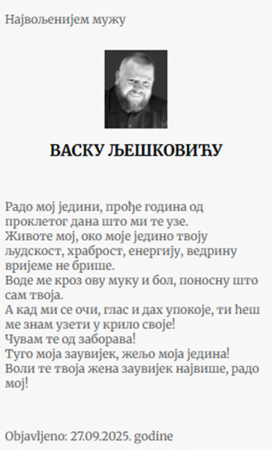 "DEO NAS I DALJE ŽIVI SA TVOJIM GLASOM"! Osvanule čitulje za ubijenog ...