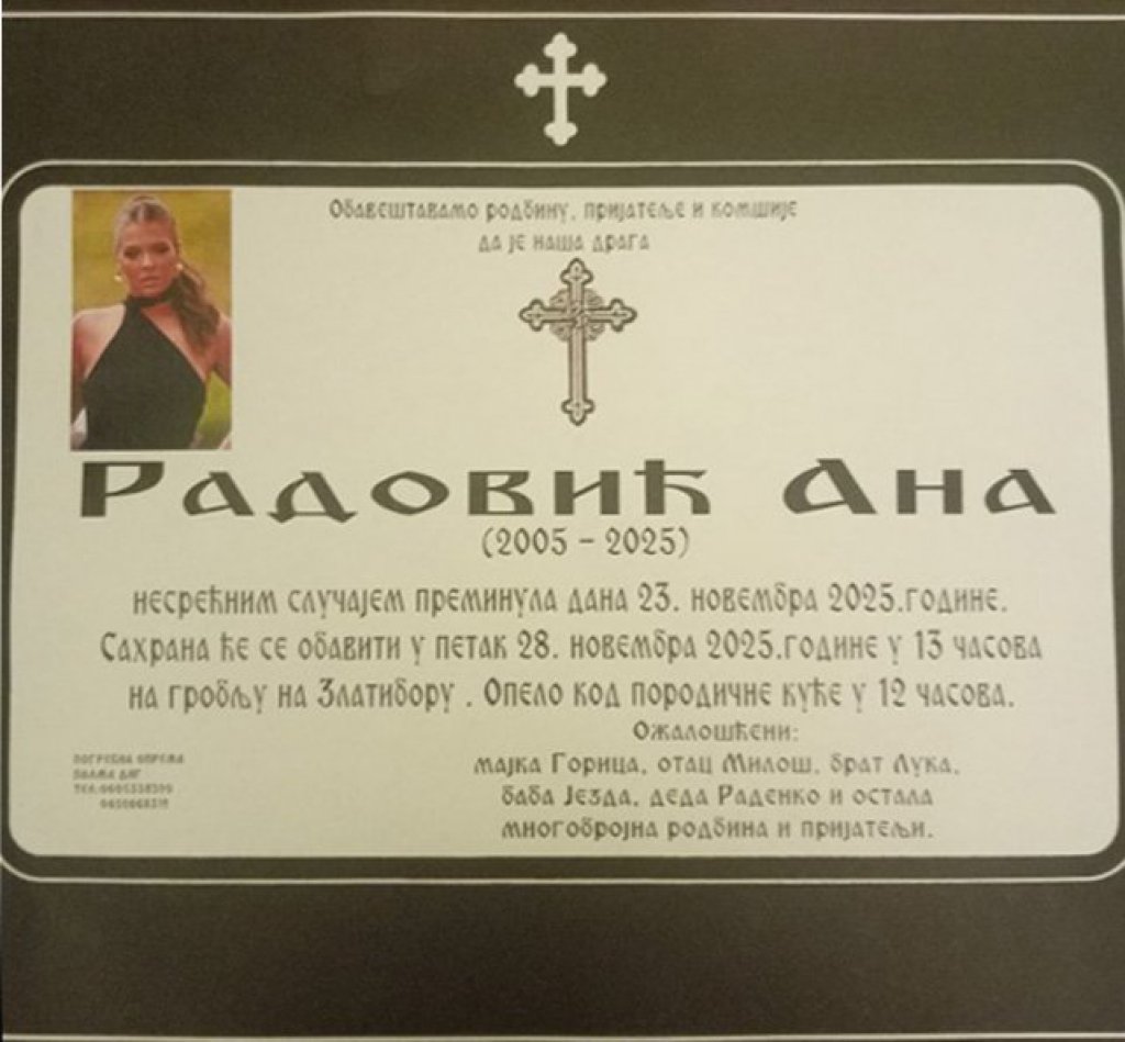 DANAS SAHRANA ANE RADOVIĆ (20)! Objavljena najtužnija umrlica u Srbiji ...