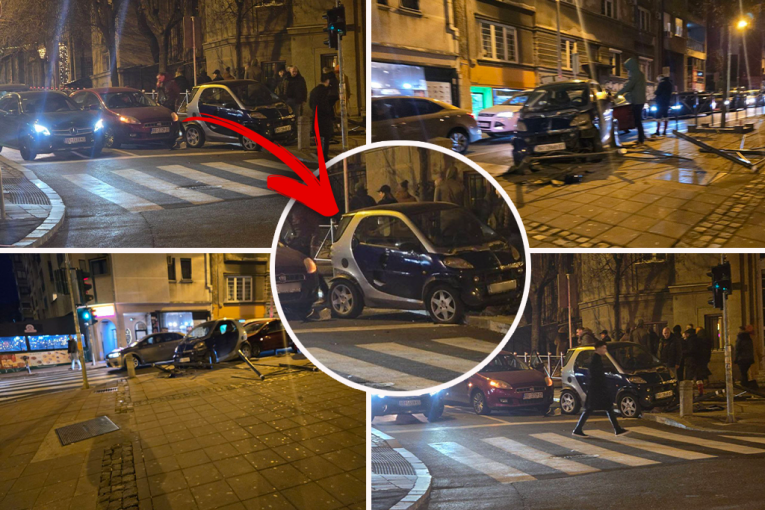 SAOBRAĆAJKA U CENTRU BEOGRADA: Automobil završio na trotoaru - ZAŠTITNA OGRADA I DELOVI ...